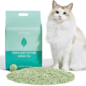 vetreska tofu cat litter, natural eco-friendly pretty kitty litter, flushable clumping tofu cat litter pellets - ultra absorbent, odor control, dust-free low tracking cat litter, greentea