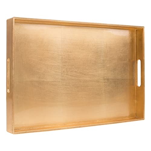 MAONAME Modern Gold Decorative Tray with Handles, Gold Leaf Serving Tray for Coffee Table, Rectangle Bathroom Decor Tray, 15.8" L x 10.2" W x 1.38" H