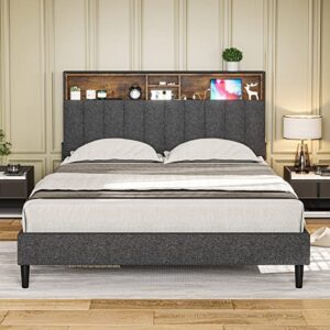 ADORNEVE Full Size Bed Frame with Outlet and USB Ports, Modern Upholstered Platform Bed with Storage Headboard & Height Adjustable, No Box Spring Needed, Dark Grey