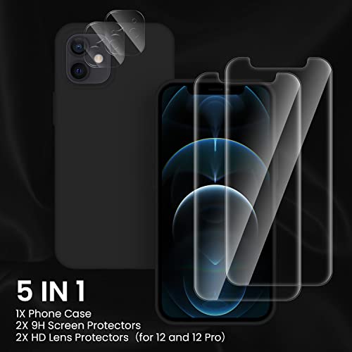 Cordking [5 in 1] Designed for iPhone 12 Case, for iPhone 12 Pro Case, with 2 Screen Protectors + 2 Camera Lens Protectors, Shockproof Silicone Case with Microfiber Lining, Black