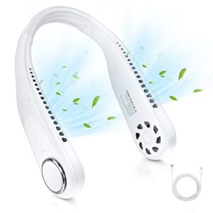 akface portable neck fan rechargeable, 3 speeds hands free bladeless fan, battery operated wearable personal fan for women, man (white)