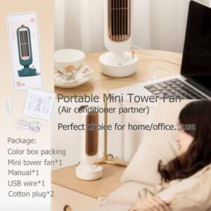 TAYNING Tower Desk Fan USB, Small Portable Fan with Humidification, Personal Table Fan, Mini Fan Portable with 60 Wind Guide Blades, 3 Speed and Timing, Misting Fan for Home, Office, and Room White