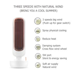 TAYNING Tower Desk Fan USB, Small Portable Fan with Humidification, Personal Table Fan, Mini Fan Portable with 60 Wind Guide Blades, 3 Speed and Timing, Misting Fan for Home, Office, and Room White