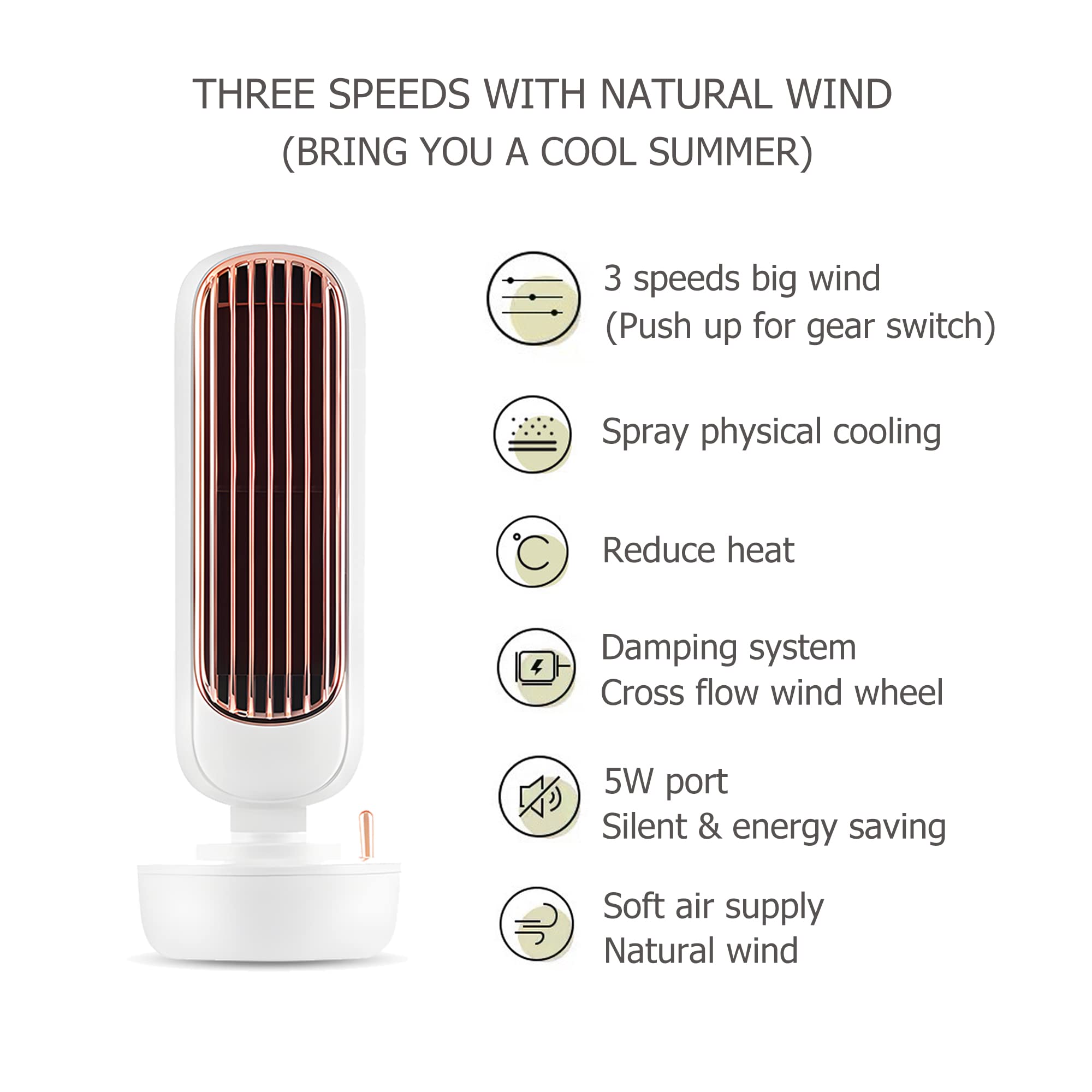 TAYNING Tower Desk Fan USB, Small Portable Fan with Humidification, Personal Table Fan, Mini Fan Portable with 60 Wind Guide Blades, 3 Speed and Timing, Misting Fan for Home, Office, and Room White