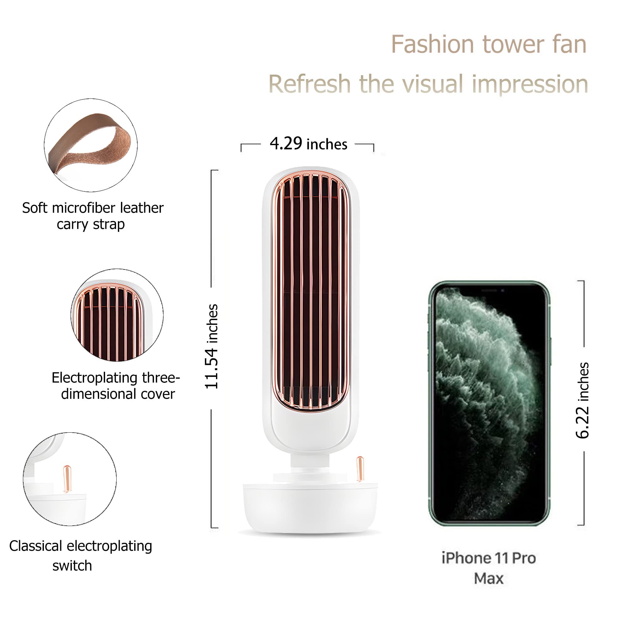 TAYNING Tower Desk Fan USB, Small Portable Fan with Humidification, Personal Table Fan, Mini Fan Portable with 60 Wind Guide Blades, 3 Speed and Timing, Misting Fan for Home, Office, and Room White