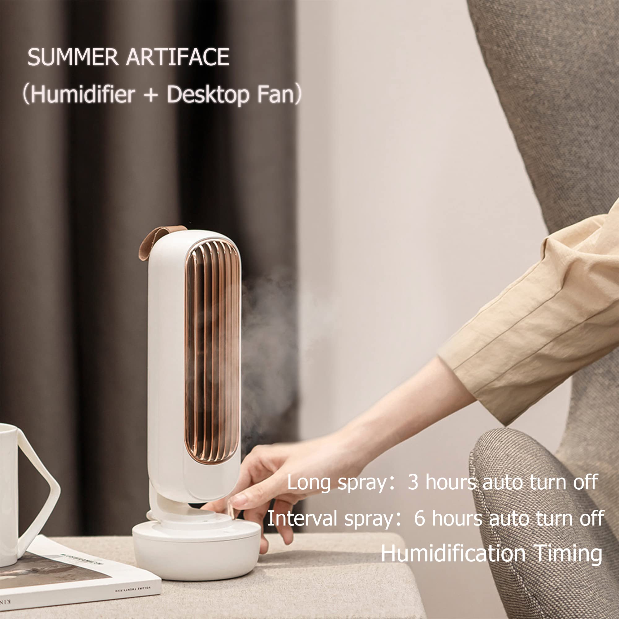 TAYNING Tower Desk Fan USB, Small Portable Fan with Humidification, Personal Table Fan, Mini Fan Portable with 60 Wind Guide Blades, 3 Speed and Timing, Misting Fan for Home, Office, and Room White