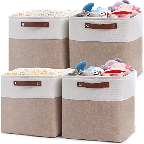 Kerhouze 13 Inch Fabric Storage Cubes Bins Cubby Storage Bins Foldable Cube Organizer Bins Baskets for Organizing with PU Handles for Shelves Nursery