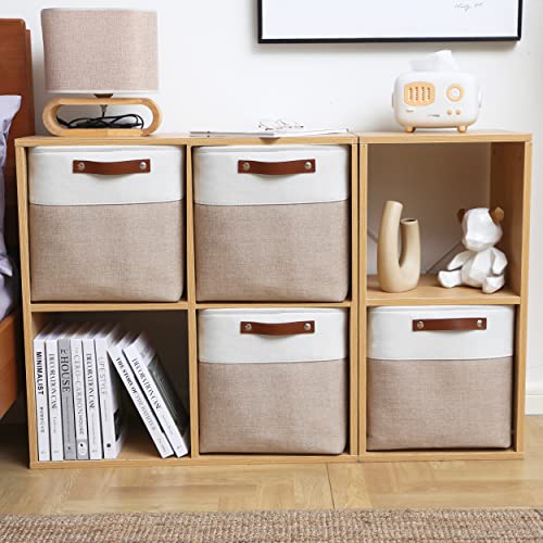 Kerhouze 13 Inch Fabric Storage Cubes Bins Cubby Storage Bins Foldable Cube Organizer Bins Baskets for Organizing with PU Handles for Shelves Nursery