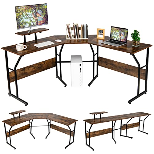 Tangkula L-Shaped Reversible Computer Desk, 2 Person Long Computer Workstation w/Movable Monitor Stand, Large Home Office Corner Desk for Working Writing Gaming (Rustic Brown)