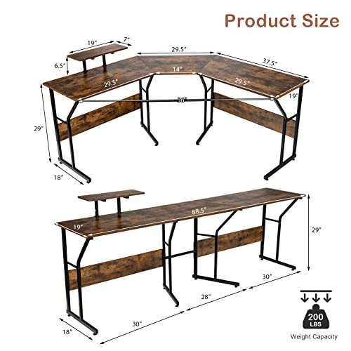 Tangkula L-Shaped Reversible Computer Desk, 2 Person Long Computer Workstation w/Movable Monitor Stand, Large Home Office Corner Desk for Working Writing Gaming (Rustic Brown)