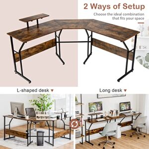 Tangkula L-Shaped Reversible Computer Desk, 2 Person Long Computer Workstation w/Movable Monitor Stand, Large Home Office Corner Desk for Working Writing Gaming (Rustic Brown)