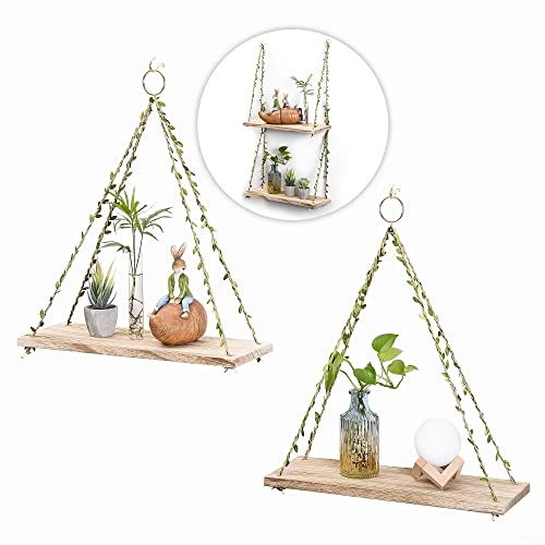 Green Leaf Rope Hanging Shelves - Hanging Shelf for Plants, Bohemian Style for Bedroom, Bathroom, Living Room, Nursery, Kitchen, Farmhouse Hanging Shelves -17in Set of 2 (Log Color)