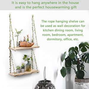 Green Leaf Rope Hanging Shelves - Hanging Shelf for Plants, Bohemian Style for Bedroom, Bathroom, Living Room, Nursery, Kitchen, Farmhouse Hanging Shelves -17in Set of 2 (Log Color)