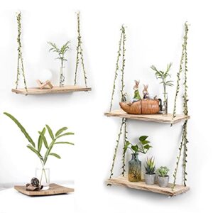 Green Leaf Rope Hanging Shelves - Hanging Shelf for Plants, Bohemian Style for Bedroom, Bathroom, Living Room, Nursery, Kitchen, Farmhouse Hanging Shelves -17in Set of 2 (Log Color)