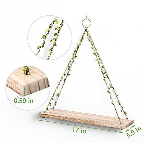 Green Leaf Rope Hanging Shelves - Hanging Shelf for Plants, Bohemian Style for Bedroom, Bathroom, Living Room, Nursery, Kitchen, Farmhouse Hanging Shelves -17in Set of 2 (Log Color)