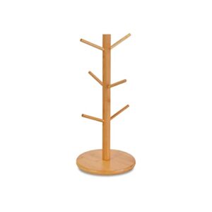 bamboo mug holder tree，coffee cup holder，countertop mug tree with 6 hooks，mug rack for counter stand coffee counter bar accessory