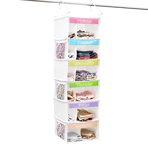 Houseables Kids Closet Organizers and Storage, Weekly Hanging Clothes Organizer, Daily Kid Outfit Organization, 6 Shelf, 39"x12"x12", White, Days of The Week Clothing System, Monday Through Friday