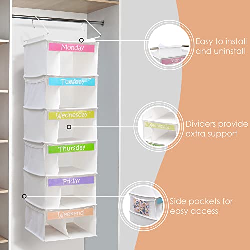 Houseables Kids Closet Organizers and Storage, Weekly Hanging Clothes Organizer, Daily Kid Outfit Organization, 6 Shelf, 39"x12"x12", White, Days of The Week Clothing System, Monday Through Friday