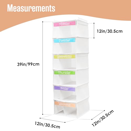 Houseables Kids Closet Organizers and Storage, Weekly Hanging Clothes Organizer, Daily Kid Outfit Organization, 6 Shelf, 39"x12"x12", White, Days of The Week Clothing System, Monday Through Friday