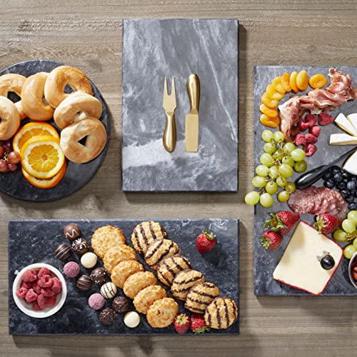 mDesign Medium Slab Stone Kitchen Countertop Pastry Cutting Board, Serving Tray for Bread, Breakfast, Snacks, Cheese, Pizza, Appetizers - Use for Chopping, Cooking, Baking, Cooling - Black/Marble