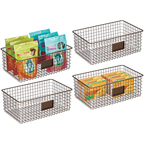 mDesign Metal Wire Storage Organizer Bin Baskets with Label Slot for Kitchen Pantry and Shelves - Wired Organization Holder for Food, Chips, Drinks, Omaha Collection, 4 Pack, Bronze