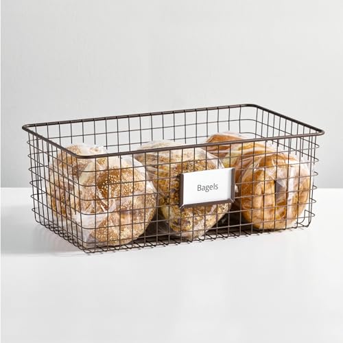 mDesign Metal Wire Storage Organizer Bin Baskets with Label Slot for Kitchen Pantry and Shelves - Wired Organization Holder for Food, Chips, Drinks, Omaha Collection, 4 Pack, Bronze