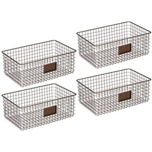 mDesign Metal Wire Storage Organizer Bin Baskets with Label Slot for Kitchen Pantry and Shelves - Wired Organization Holder for Food, Chips, Drinks, Omaha Collection, 4 Pack, Bronze