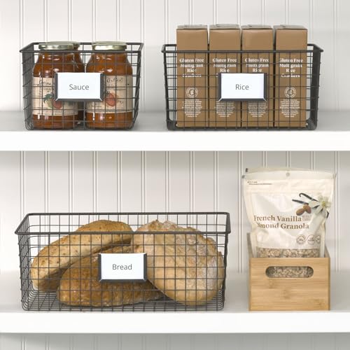 mDesign Metal Wire Storage Organizer Bin Baskets with Label Slot for Kitchen Pantry and Shelves - Wired Organization Holder for Food, Chips, Drinks, Omaha Collection, 4 Pack, Bronze