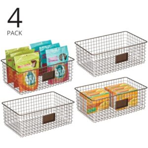 mDesign Metal Wire Storage Organizer Bin Baskets with Label Slot for Kitchen Pantry and Shelves - Wired Organization Holder for Food, Chips, Drinks, Omaha Collection, 4 Pack, Bronze