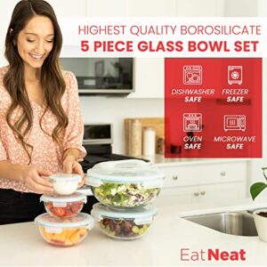 EatNeat Set of 5 Airtight Glass Food Storage Containers with Lids | Premium Airtight Storage Containers | Meal Prep Food Containers with Lids | Glass Mixing Bowls | Kitchen Storage Containers