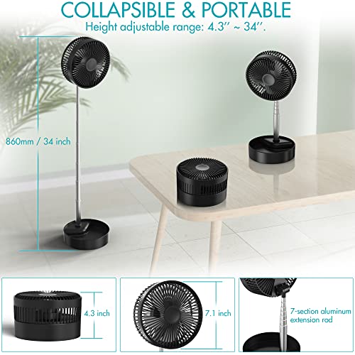 Collapsible Oscillating Fan, Rechargeable Battery Operated, Max. 13H Work Time, Strong & Quiet, 180° Pivot & 60° Oscillating Head, Portable Pedestal Fan with Extension Rod for Home Office Outdoor