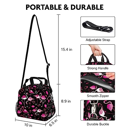 Wuetduz Pink Flamingo Insulated Lunch Bag for Women Men, Large Capacity Portable Cooler Lunch Tote with Adjustable Shoulder Strap and Side Pockets, Reusable Meal Prep Bag for Work School