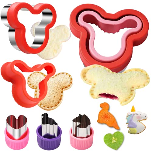 Crethinkaty Sandwich Cutters and Sealer for Kids - 5 Pieces - Mouse Sandwich Sealers and Unicorn Dinosaur Heart Stainless Steel Vegetable Cutters for Kids Boys & Girls