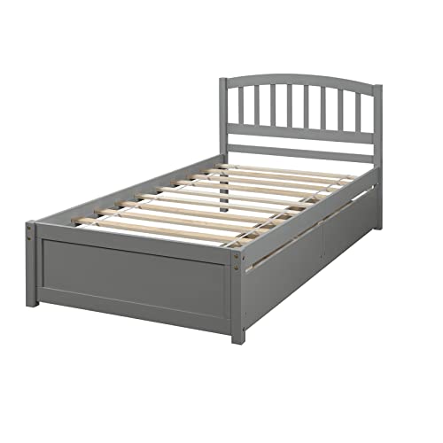 Twin Bed with Drawers,Wood Bed Frame with Headboard and Footboard Wood Platform Captain Beds for Boys, Girls, Kids, Teens and Adults, Gray