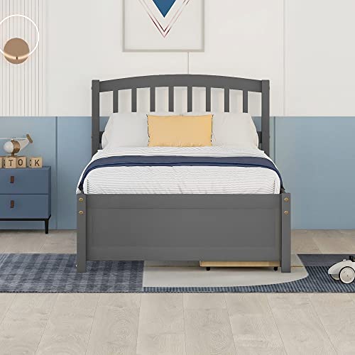 Twin Bed with Drawers,Wood Bed Frame with Headboard and Footboard Wood Platform Captain Beds for Boys, Girls, Kids, Teens and Adults, Gray