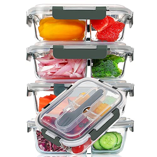 KOMUEE Glass Meal Prep Containers 2 Compartments,Glass Lunch Containers Set Glass Food Storage Containers with Lids,Glass Bento Box,Gray