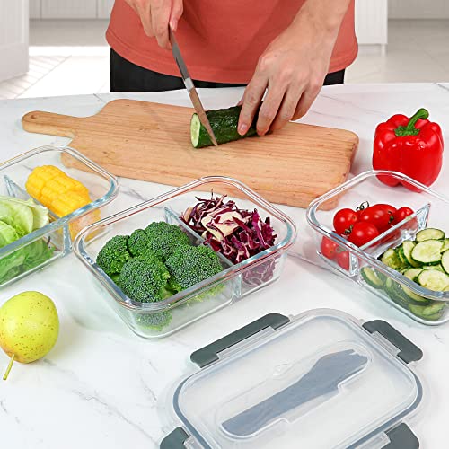 KOMUEE Glass Meal Prep Containers 2 Compartments,Glass Lunch Containers Set Glass Food Storage Containers with Lids,Glass Bento Box,Gray