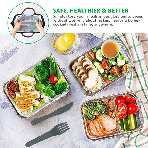 KOMUEE Glass Meal Prep Containers 2 Compartments,Glass Lunch Containers Set Glass Food Storage Containers with Lids,Glass Bento Box,Gray