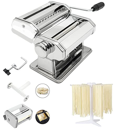 MZTOGR Pasta Maker Machine, Set of 6 Piece 150mm Steel Noodle Maker Machine with 9 Adjustable Thickness Settings, Includes Ravioli Maker Attachment, Pasta Drying Rack (MZ-150PR)