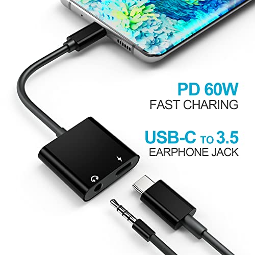 Ronsive 2 in 1 USB Type C to 3.5mm Audio Earphone Aux Splitter, PD 60W Fast Charging, Compatible with iPad Pro 2021 2020, iPad Air4 mini6 Samsung Note20 / Galaxy S22/S21, Google Pixel 6/5/4/3