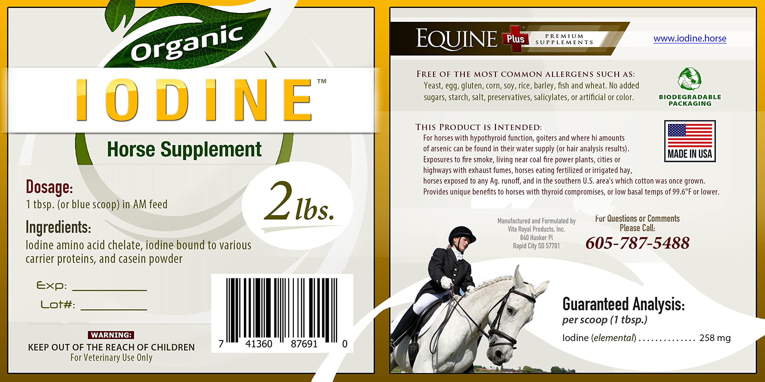 Organic Iodine 2 lbs. - Nutritional Supplement for Horses, Animals - w/ 18 Amino Acids