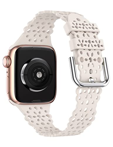 TOYOUTHS Compatible with Apple Watch Band Lace Women Flower Cut-outs Stretchy Silicone Breathable Waterproof Strap for iWatch Series 9/8/7(41mm), Series SE/6/5/4(40mm), Series 3/2/1(38mm), Starlight