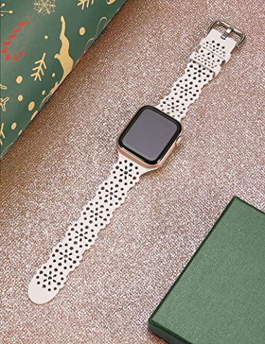 TOYOUTHS Compatible with Apple Watch Band Lace Women Flower Cut-outs Stretchy Silicone Breathable Waterproof Strap for iWatch Series 9/8/7(41mm), Series SE/6/5/4(40mm), Series 3/2/1(38mm), Starlight