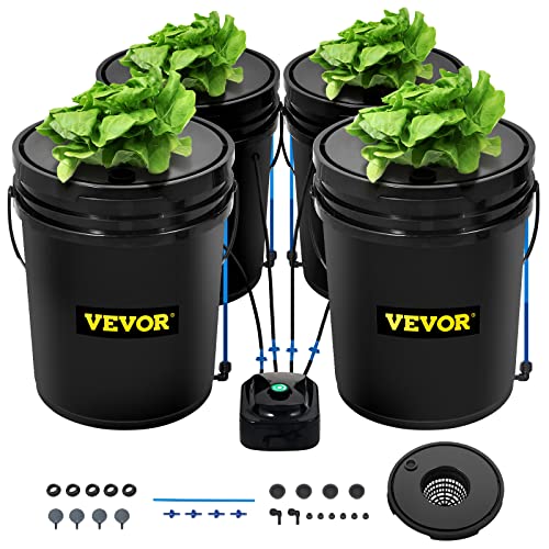 VEVOR 4 Buckets DWC Hydroponic System, 5 Gallon, Deep Culture, Plants Grow Kit with Pump, Air Stone and Water Level Device, for Indoor/Outdoor Leafy Vegetables, Black