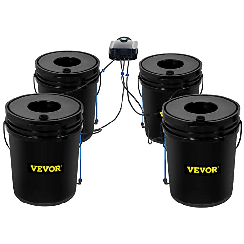 VEVOR 4 Buckets DWC Hydroponic System, 5 Gallon, Deep Culture, Plants Grow Kit with Pump, Air Stone and Water Level Device, for Indoor/Outdoor Leafy Vegetables, Black