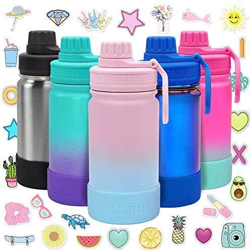 CHILLOUT LIFE 12 oz Kids Insulated Water Bottle for School with Leakproof Spout Lid and Cute Waterproof Stickers, Personalized Stainless Steel Thermos Flask Metal Water Bottle For Girls & Boys