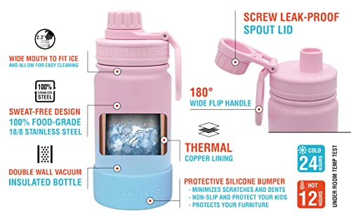 CHILLOUT LIFE 12 oz Kids Insulated Water Bottle for School with Leakproof Spout Lid and Cute Waterproof Stickers, Personalized Stainless Steel Thermos Flask Metal Water Bottle For Girls & Boys