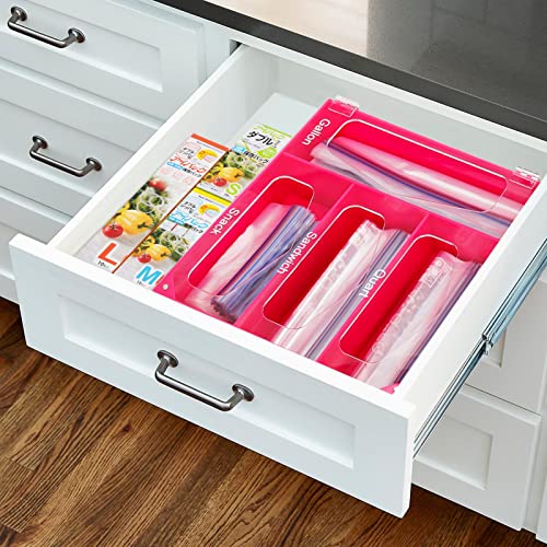 Ziplock Bag Storage Organizer for Kitchen Drawer, Acrylic Ziplock Food Sandwich Storage Baggie Organizer, Plastic Bag Holder Organizer and Dispenser for Gallon, Quart, Sandwich and Snack Bag,Rose Red