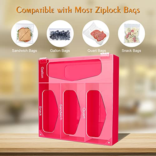 Ziplock Bag Storage Organizer for Kitchen Drawer, Acrylic Ziplock Food Sandwich Storage Baggie Organizer, Plastic Bag Holder Organizer and Dispenser for Gallon, Quart, Sandwich and Snack Bag,Rose Red