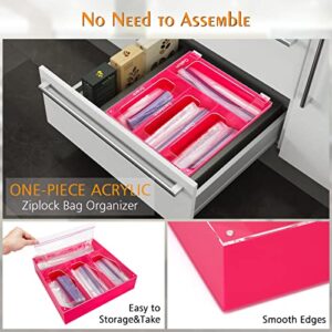 Ziplock Bag Storage Organizer for Kitchen Drawer, Acrylic Ziplock Food Sandwich Storage Baggie Organizer, Plastic Bag Holder Organizer and Dispenser for Gallon, Quart, Sandwich and Snack Bag,Rose Red